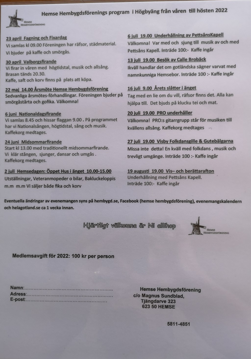 Programblad Hemse Hembygdsförening 2022